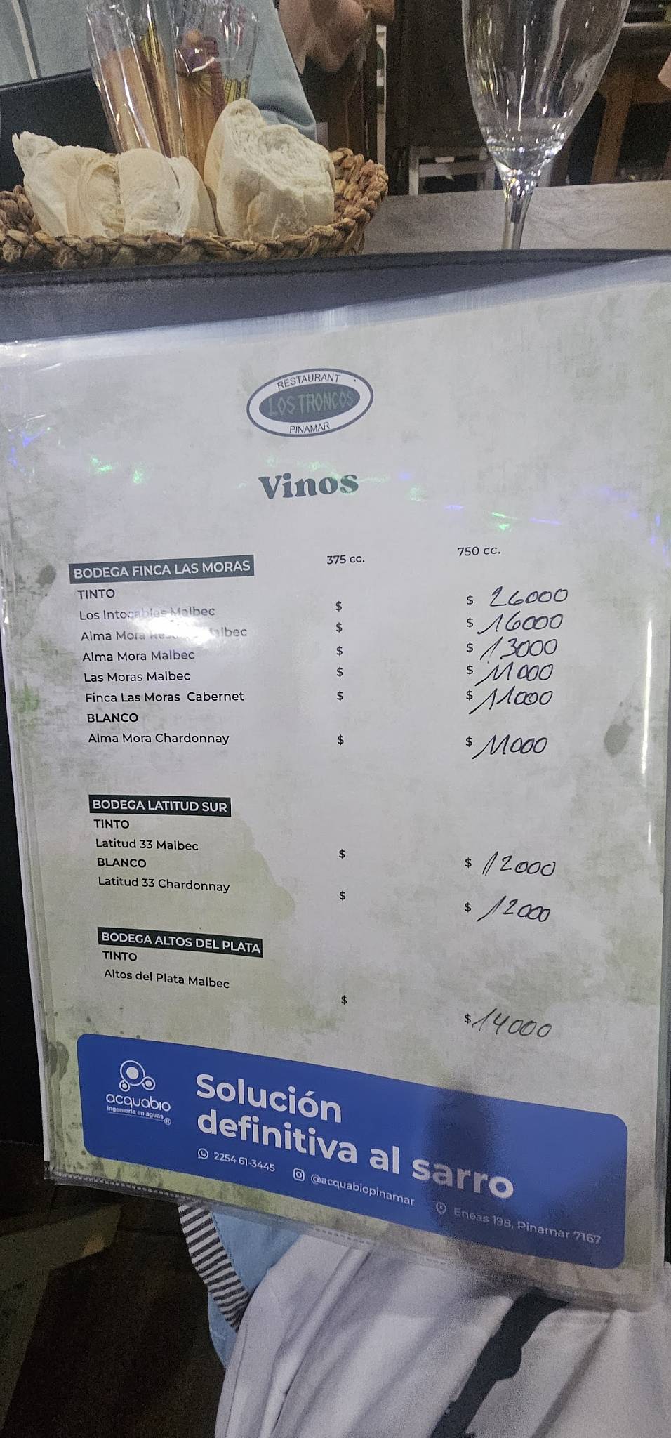 Carta del restaurante Los Troncos, Pinamar, entre Lenguado y Pejerrey