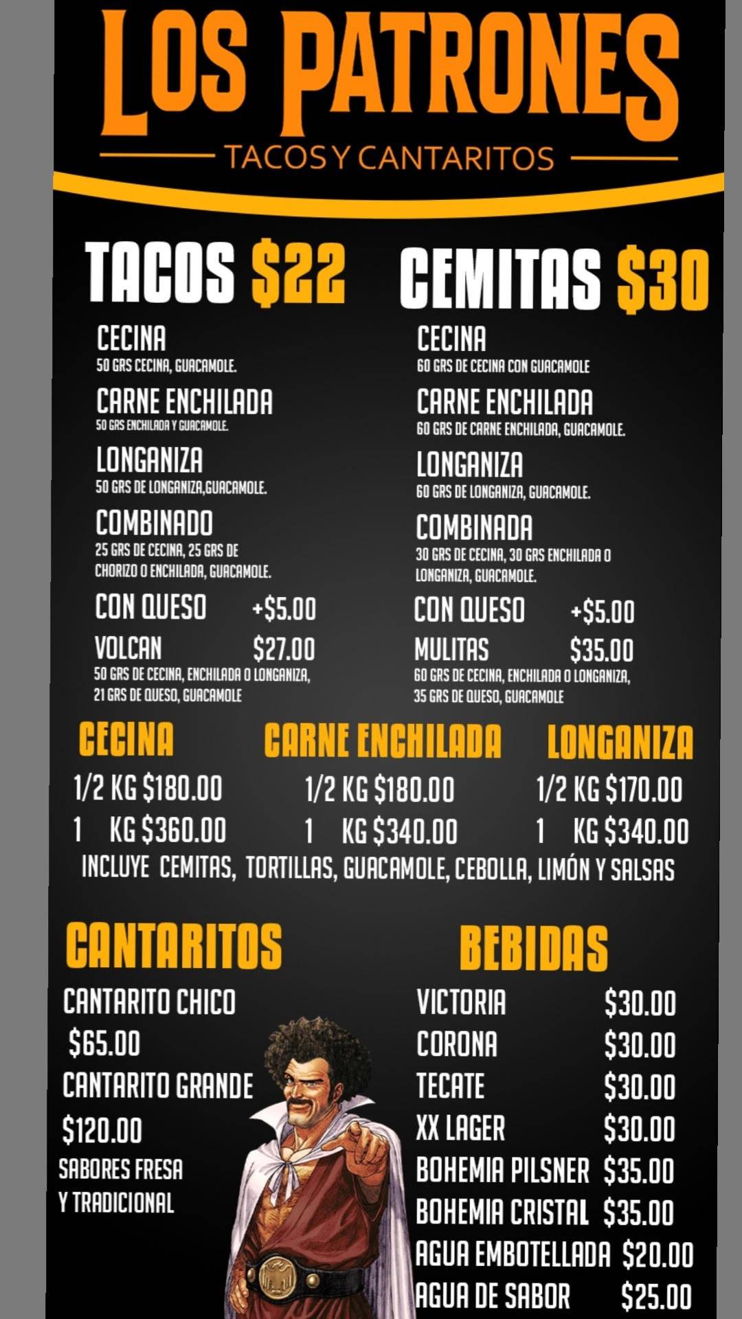 Carta del restaurante Los patrones (tacos y cantaritos), Cholula