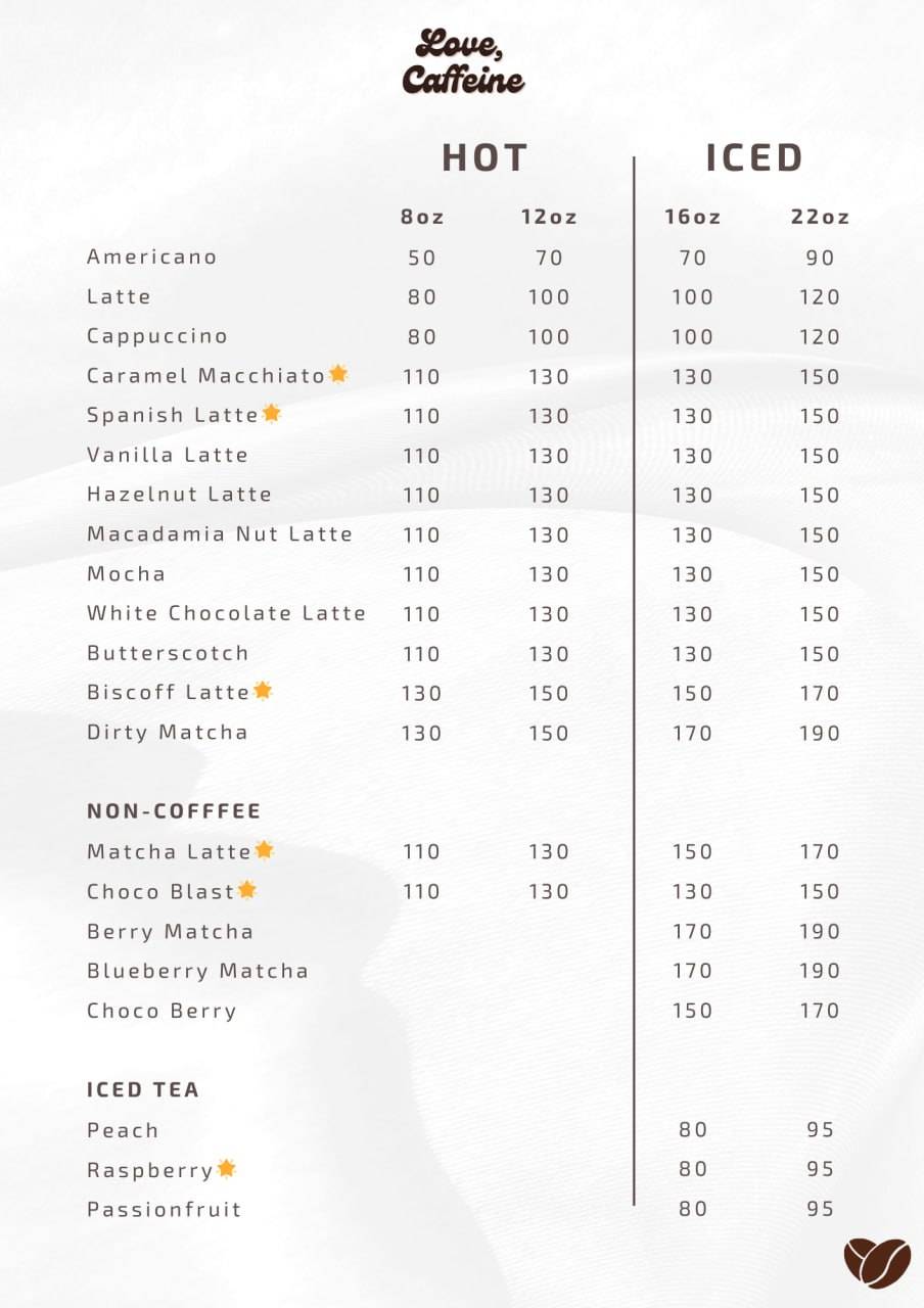 Menu at Love, Caffeine, Muntinlupa
