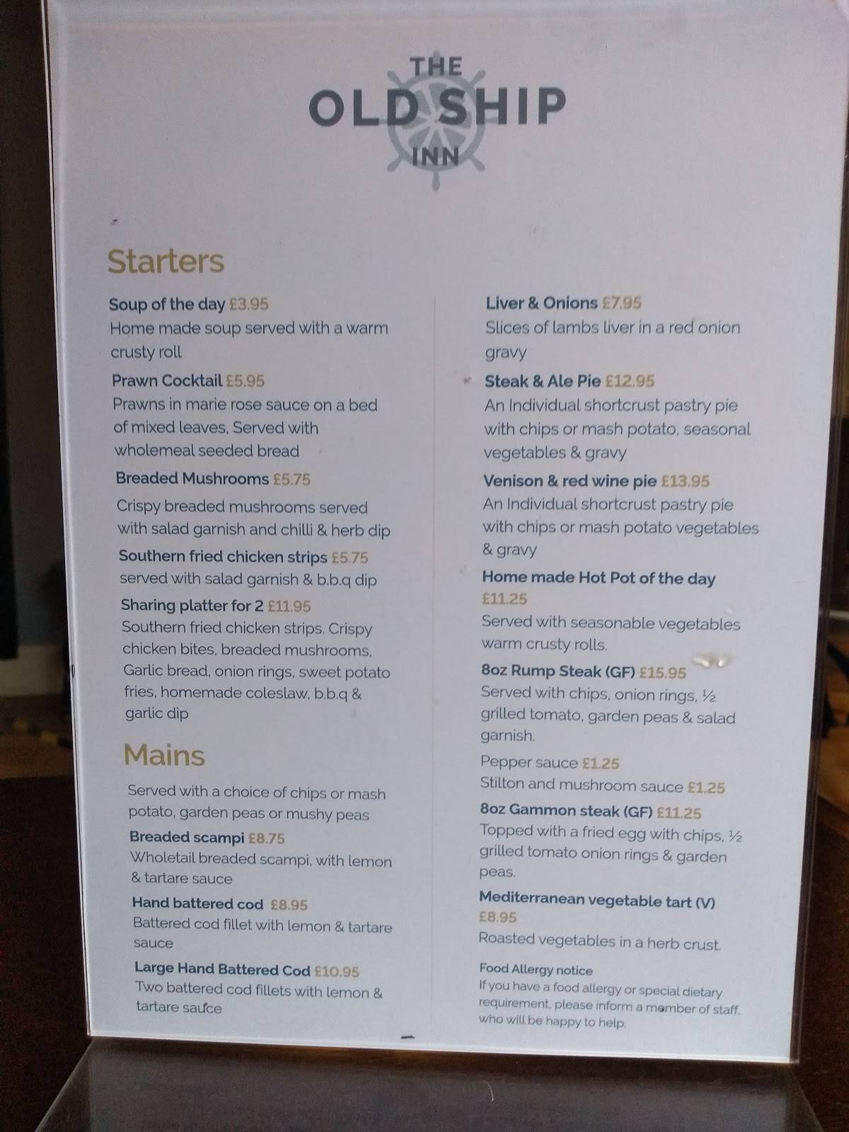 Menu at The Old Ship Inn pub & bar, Lowdham