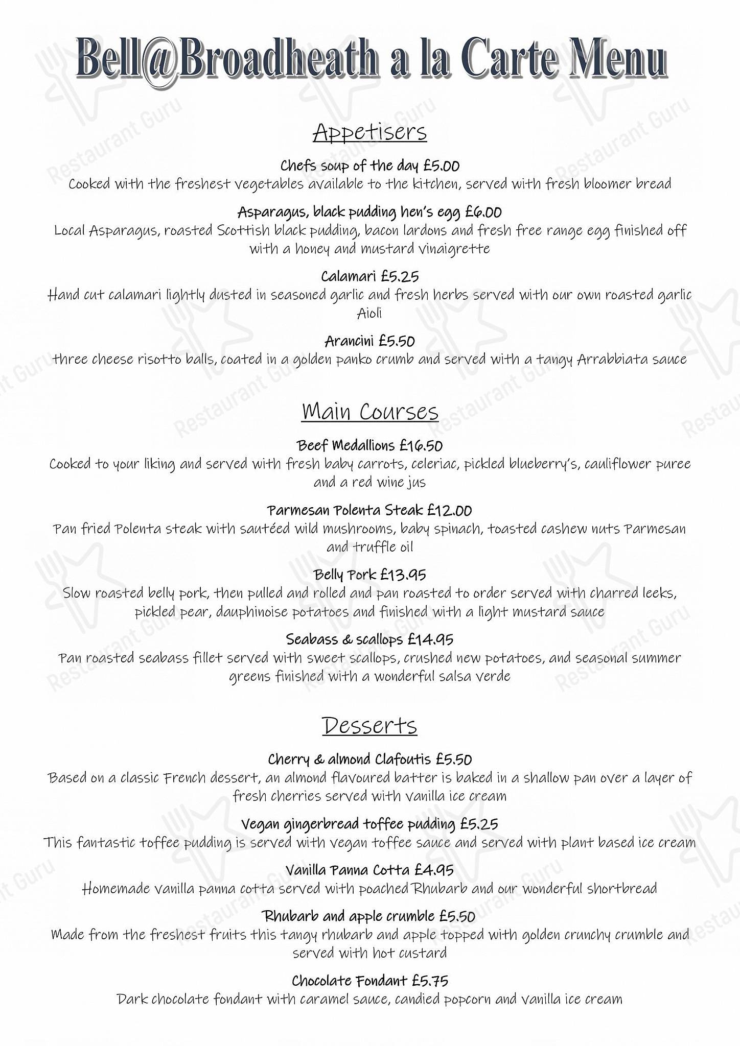 Menu at The Bell Inn Broadheath pub & bar, Worcester