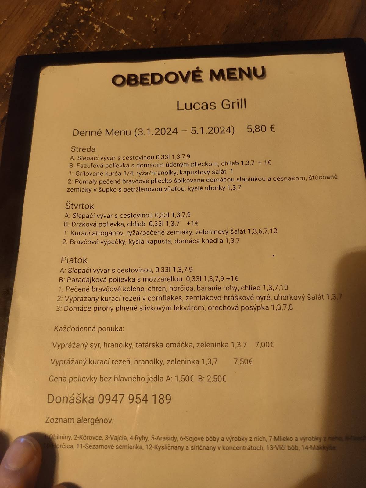 Menu at Lucas Grill restaurant, Hriadky