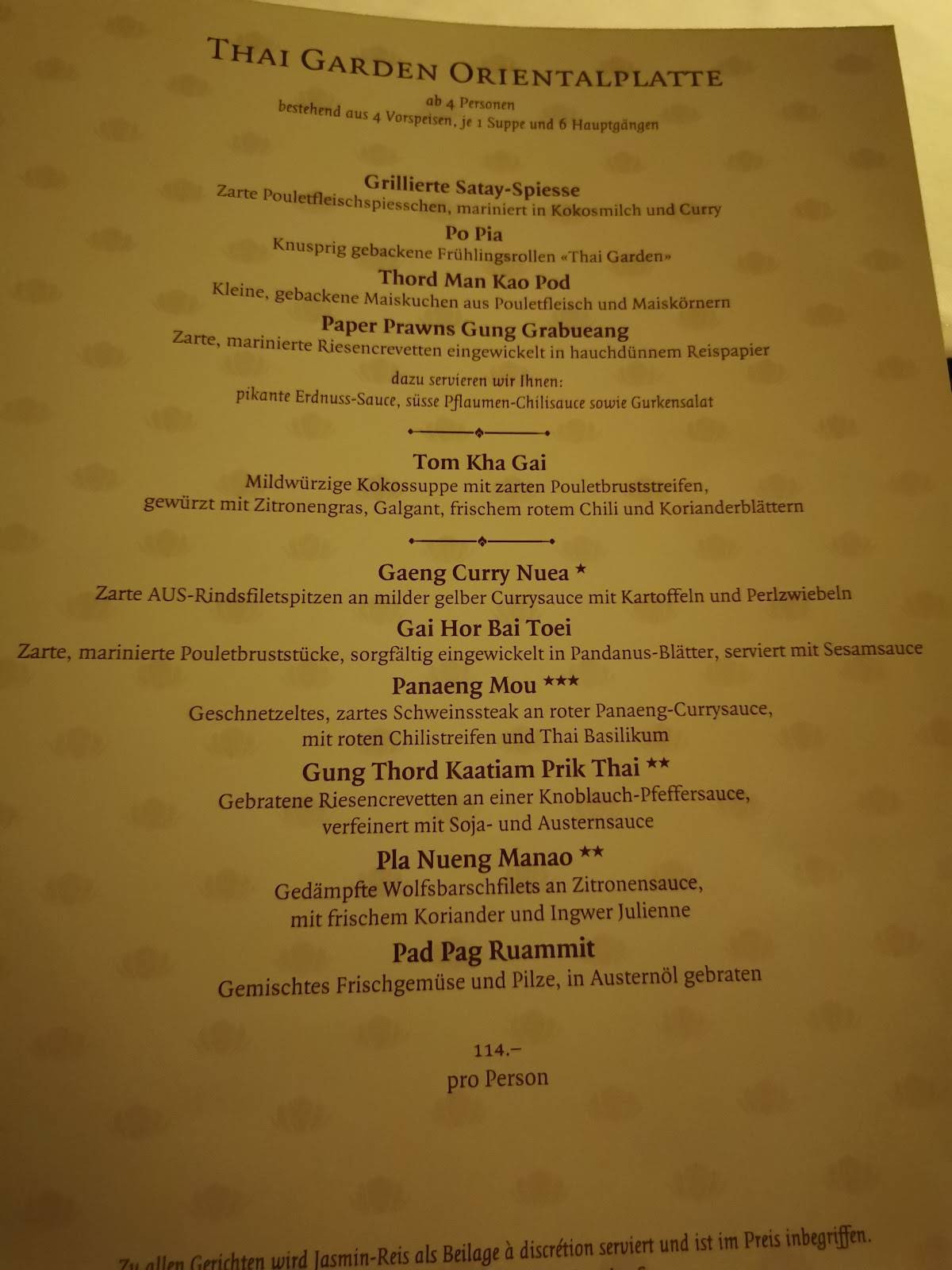 Speisekarte von Thai Garden – Royal Thai Cuisine, Luzern