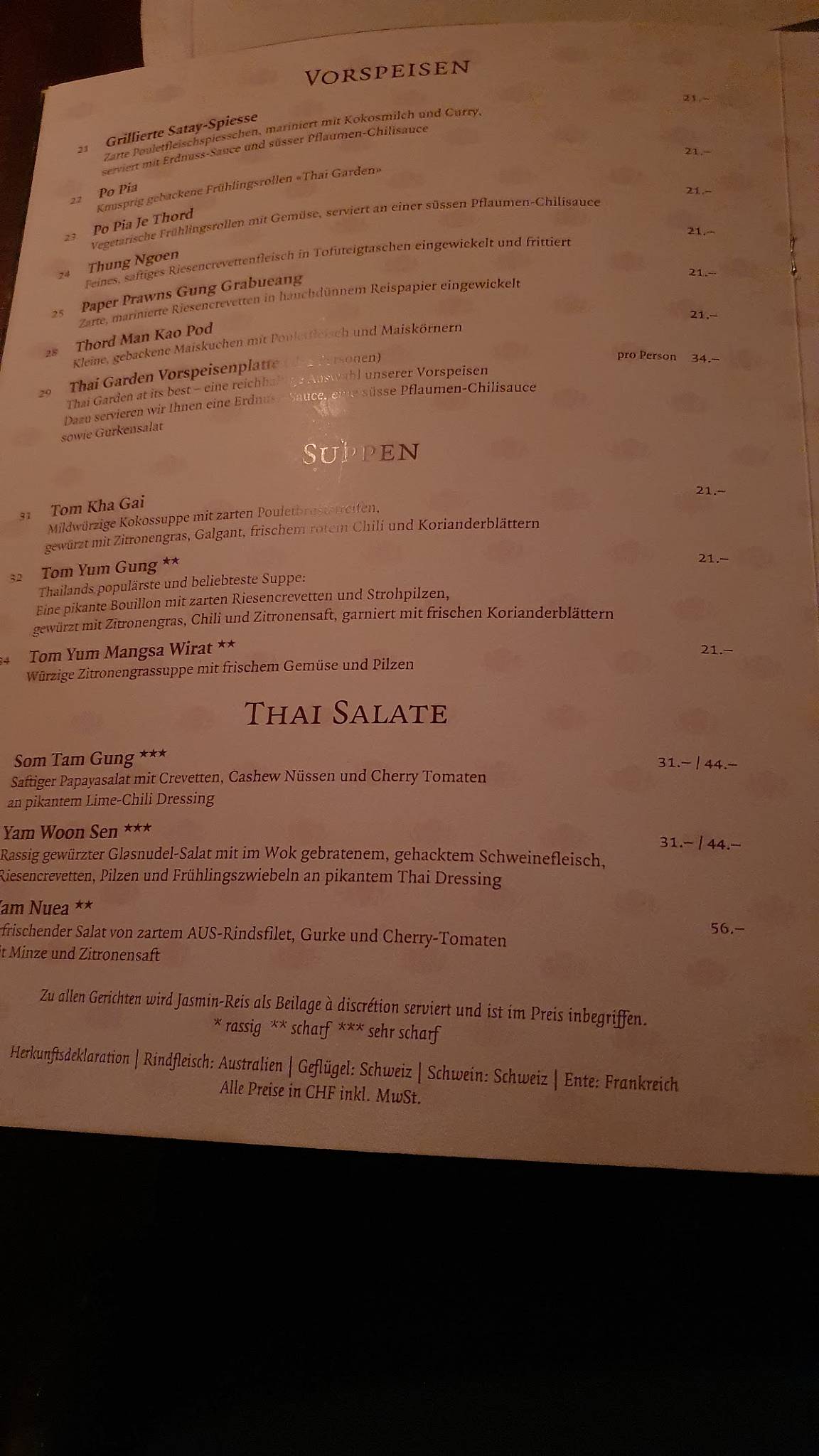 Speisekarte von Thai Garden – Royal Thai Cuisine, Luzern