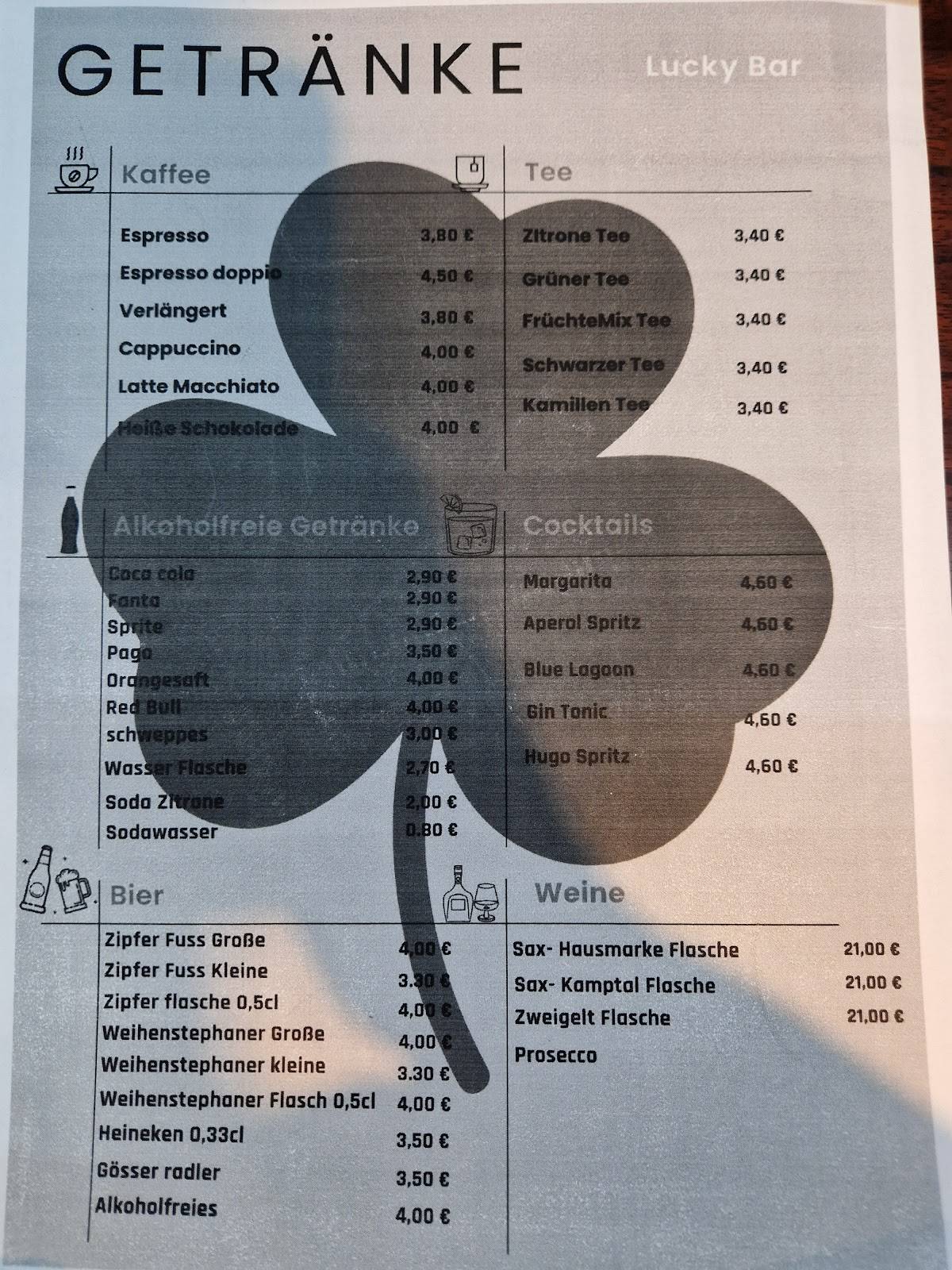 Menu at Lucky Bar, Linz