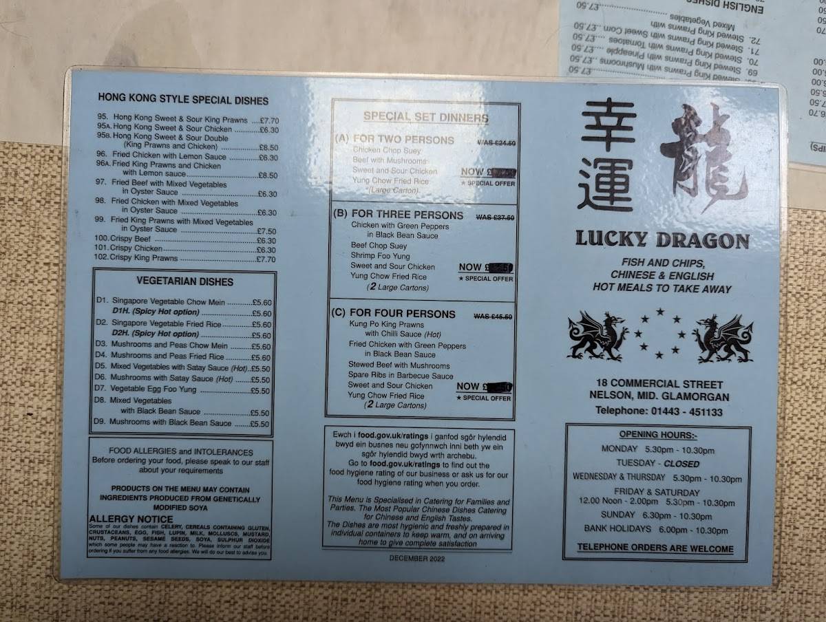 Menu at Lucky Dragon fast food, Treharris