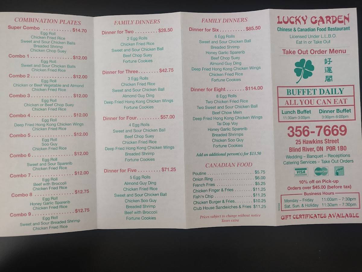 Menu at Lucky Garden restaurant, Blind River