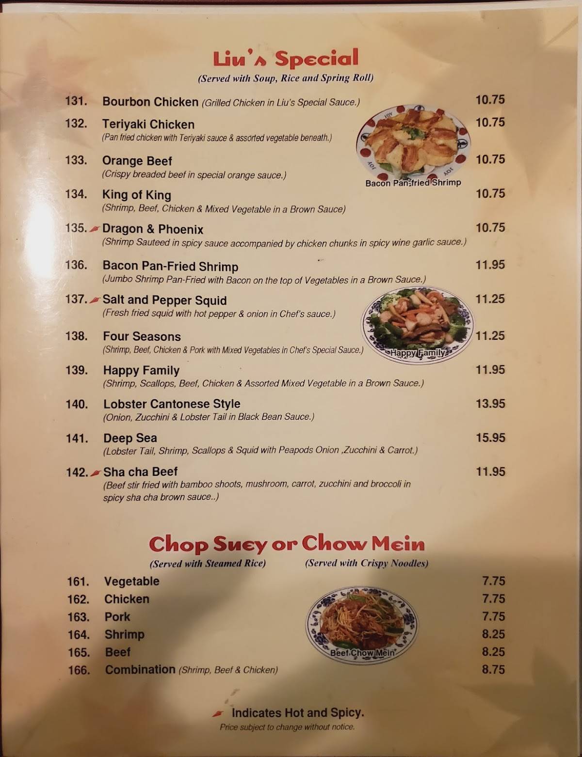 Menu at Lucky Liu's restaurant, Milwaukee
