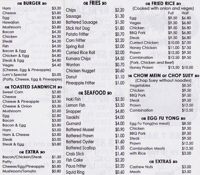Menu at Lum's Takeaway, Pukekohe