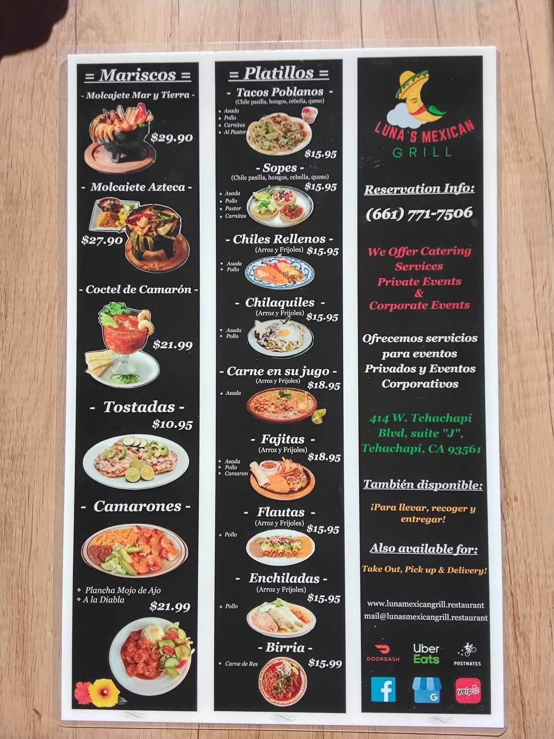 Menu at Luna's Mexican Grill restaurant, Tehachapi