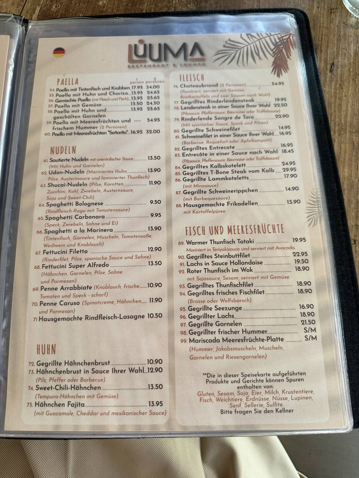 Menu at Luuma restaurant, Costa Adeje