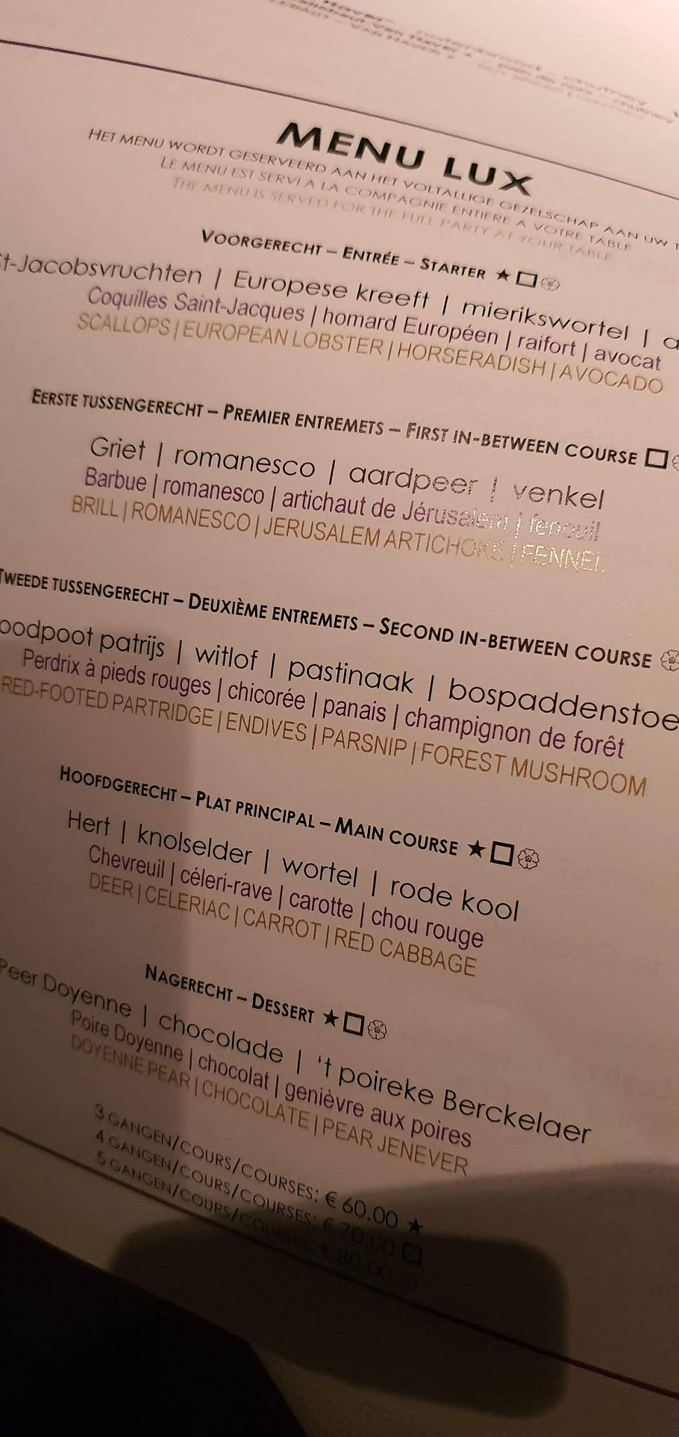 Menu at Lux, Antwerp