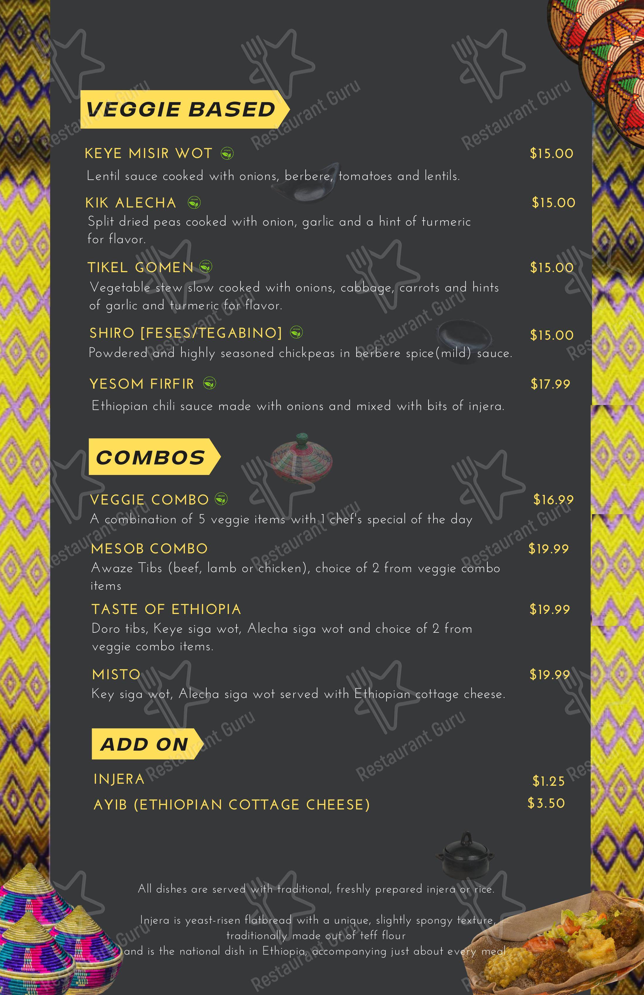 Menu at MESOB ETHIOPIAN EATS restaurant, Winnipeg