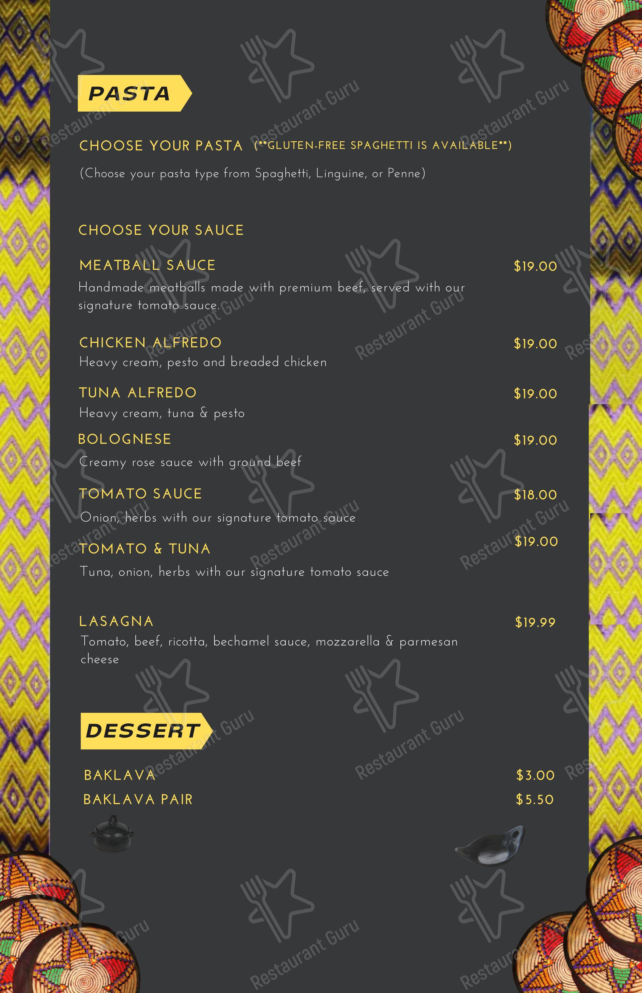 Menu at MESOB ETHIOPIAN EATS restaurant, Winnipeg