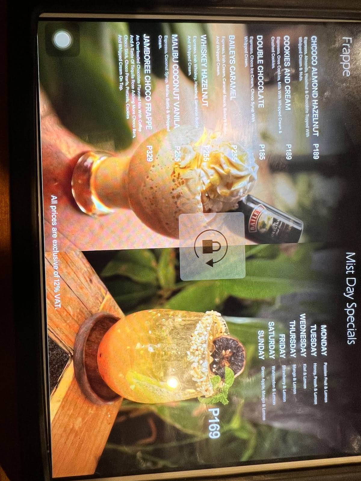 Menu at MIST restaurant, Panglao, Anos Fonacier Circumferential Rd