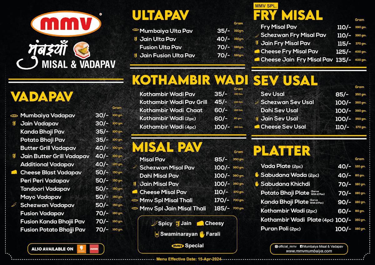 Menu at MMV Mumbaiya Misal and Vadapav SG Highway, Ahmedabad