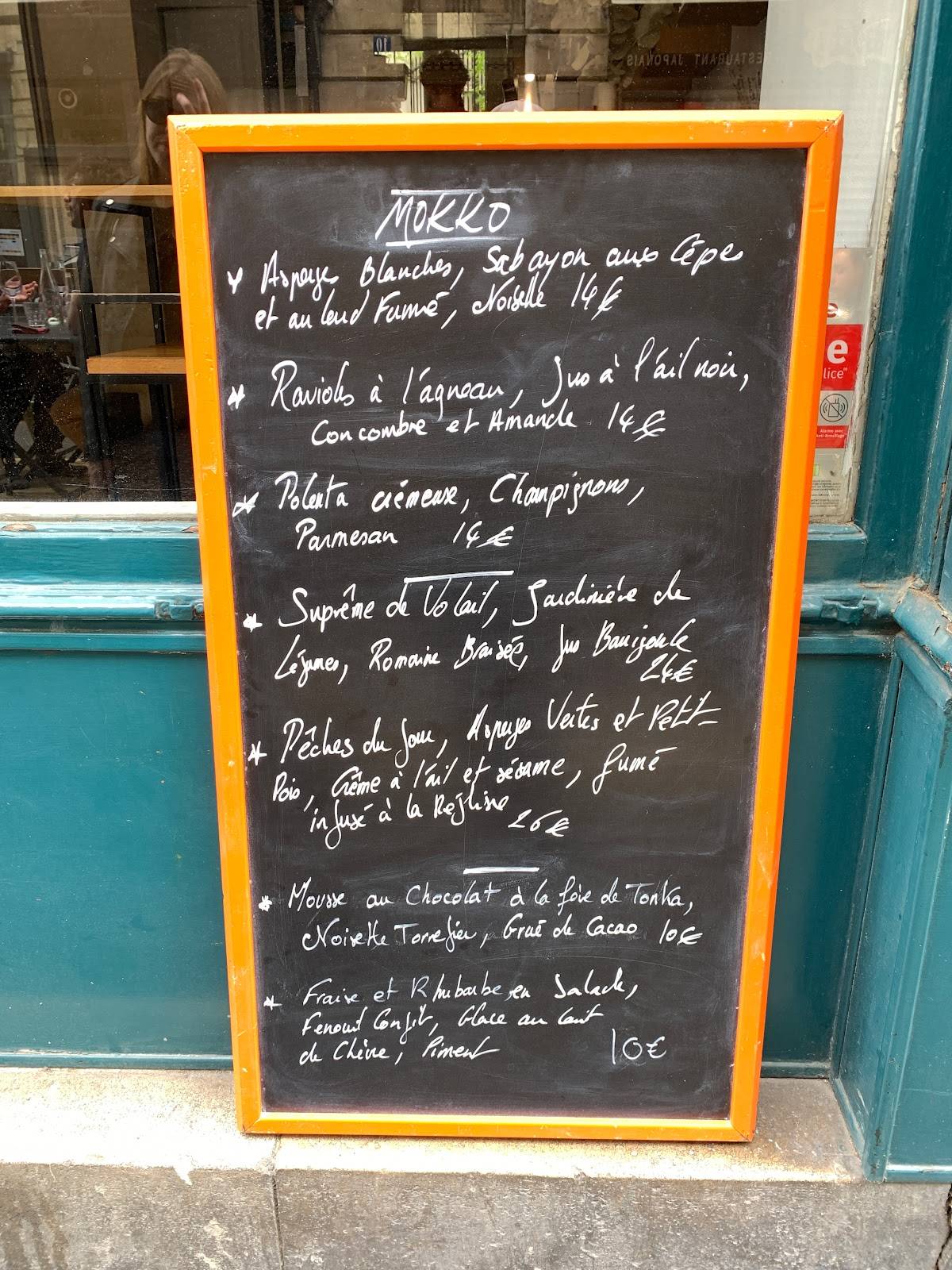 Menu at MOKKO restaurant, Paris
