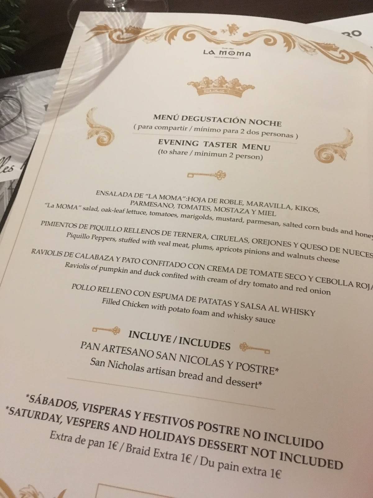 Carta de MOMA Restaurant, Valencia