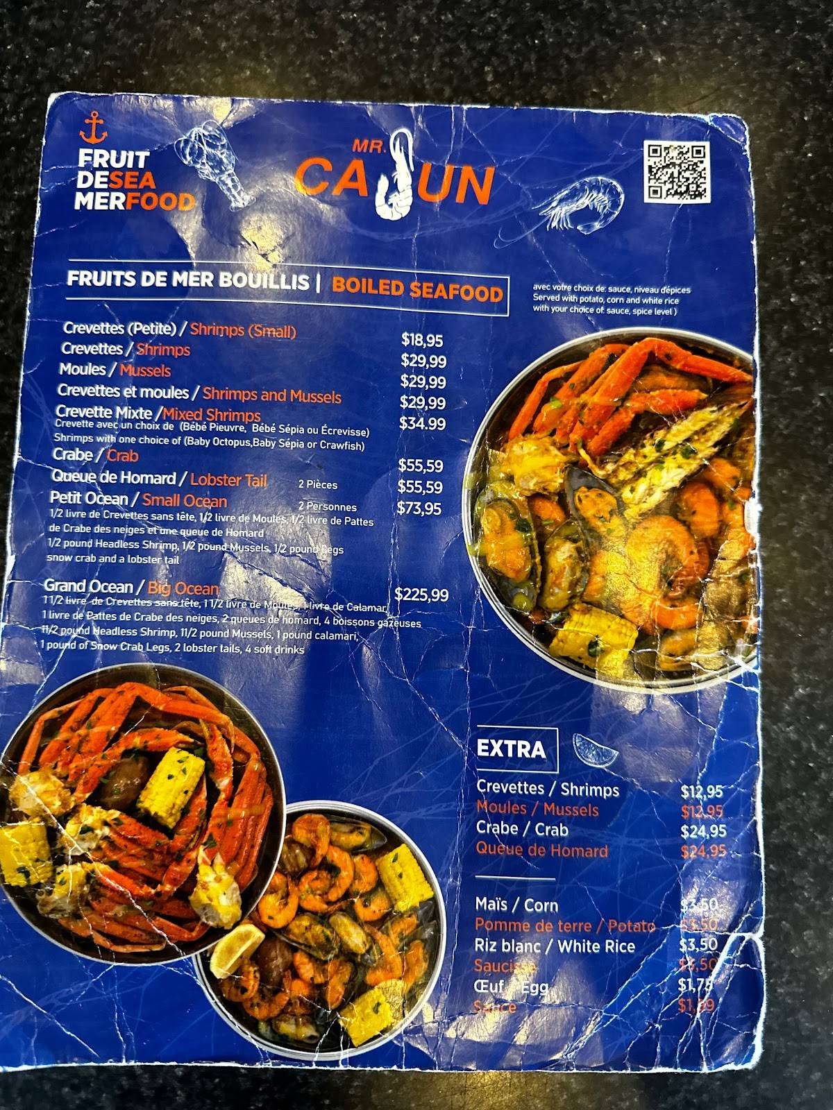 Menu au MR.CAJUN restaurant, Montréal, R. Sherbrooke E