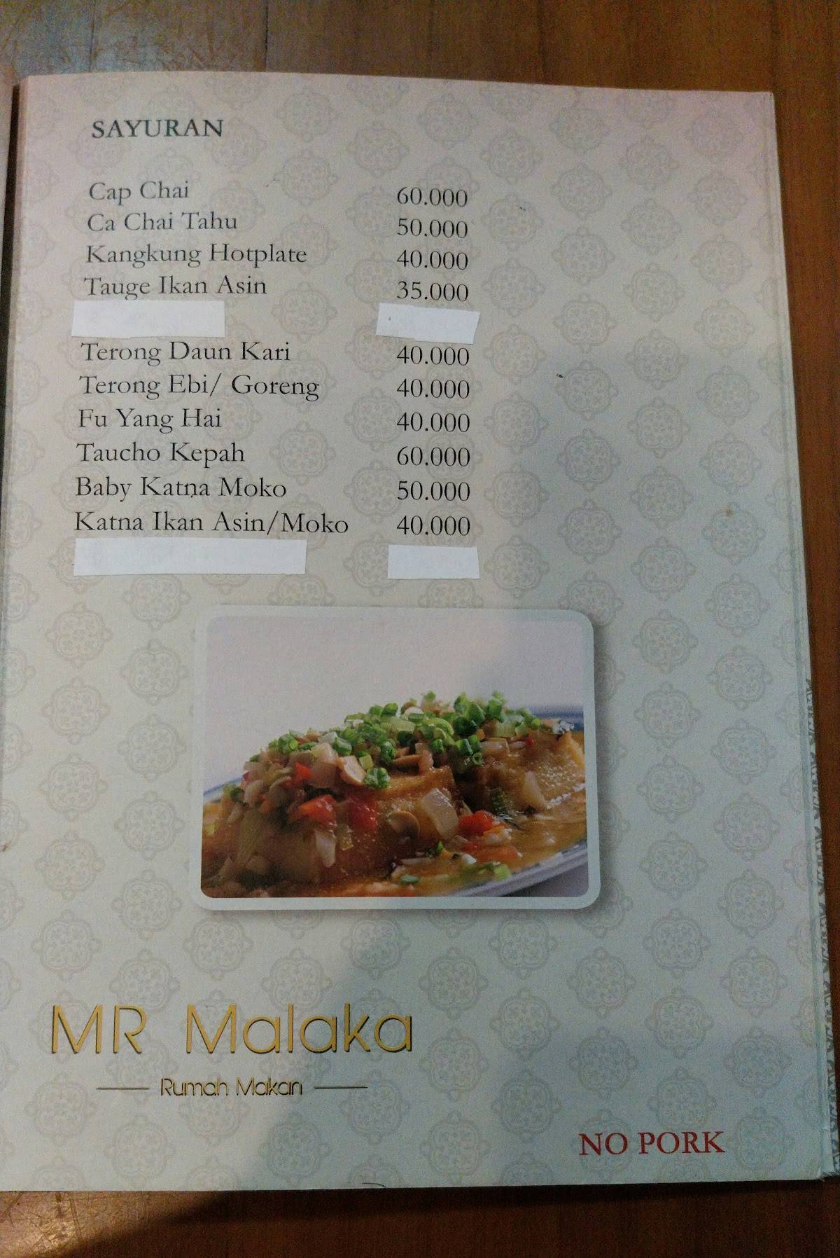 Menu at MR Malaka restaurant, Medan