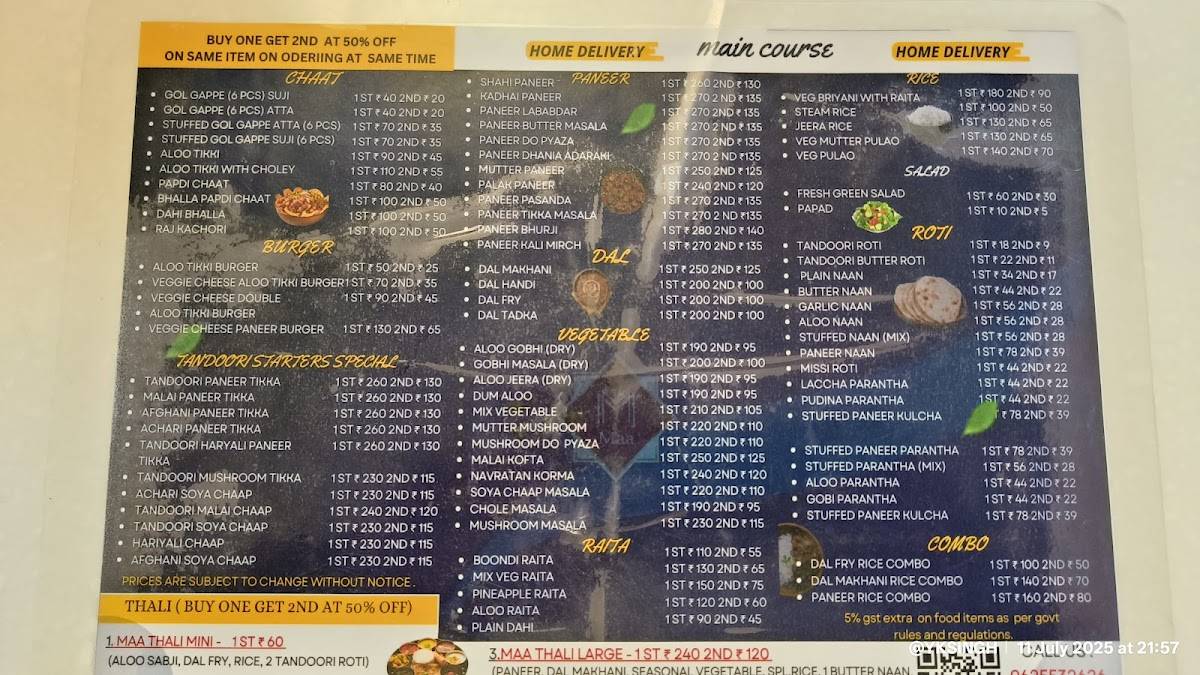 Menu at Maa Restaurant & Sweets (Pure Vegetarian) - Biggest Family ...