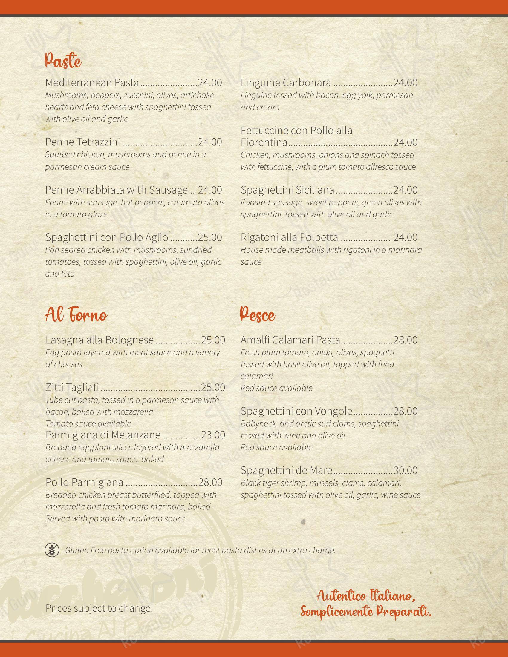 Menu at Maccheroni Cucina Alfresco restaurant, Hamilton