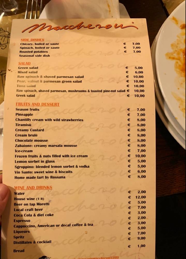 Menu at Maccheroni restaurant, Rome, Piazza delle Coppelle