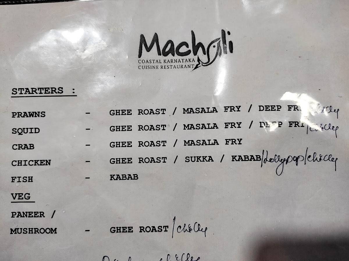 Menu at Machali, Mangaluru