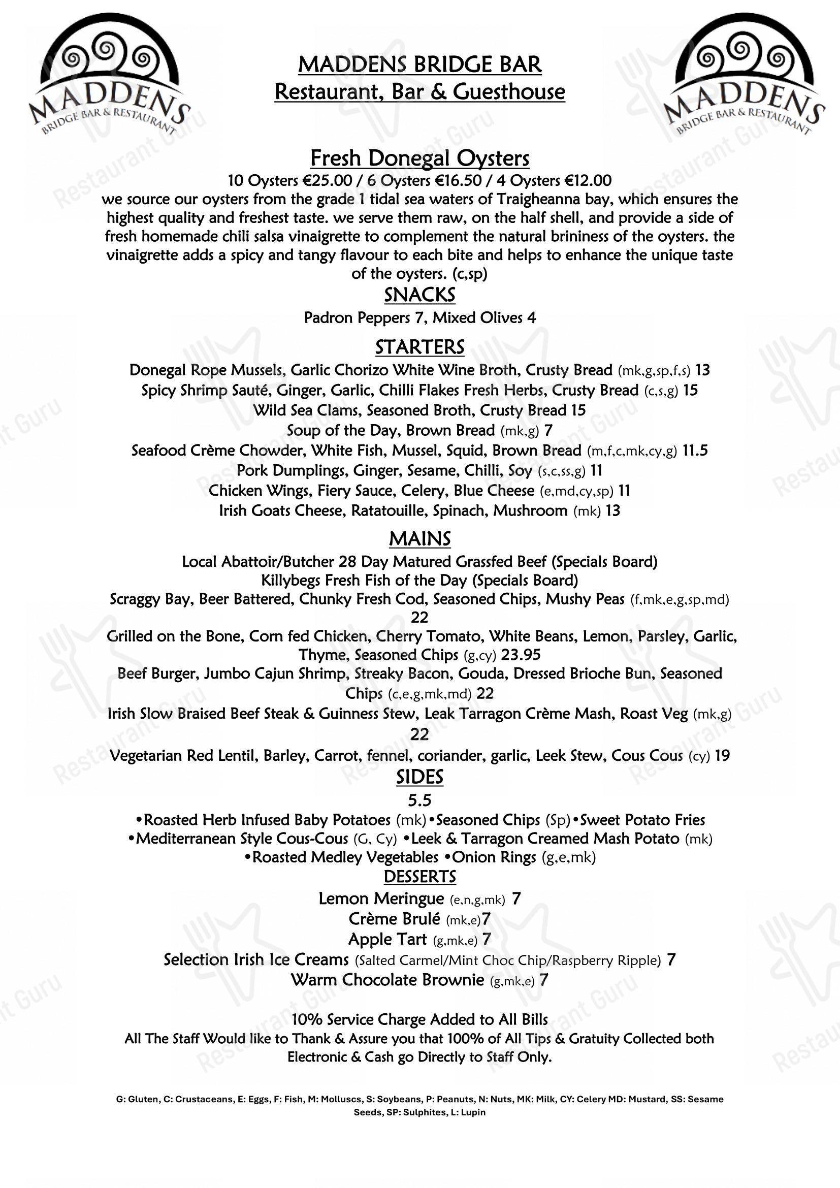 Menu at Maddens Bridge Bar & Restaurant, Bundoran, Main St