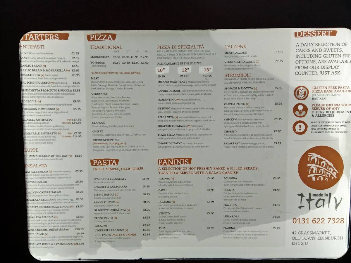 Menu at Made In Italy restaurant, Edinburgh