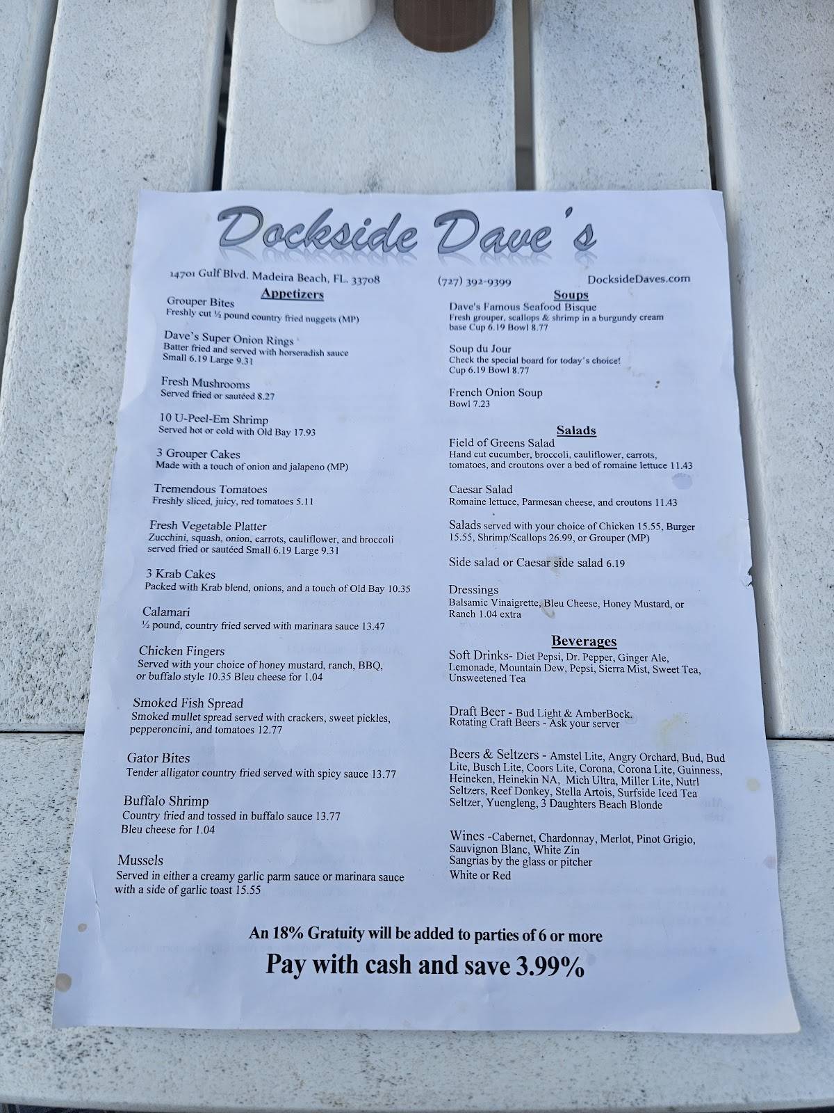 Menu at Dockside Dave's restaurant, Madeira Beach, Gulf Blvd