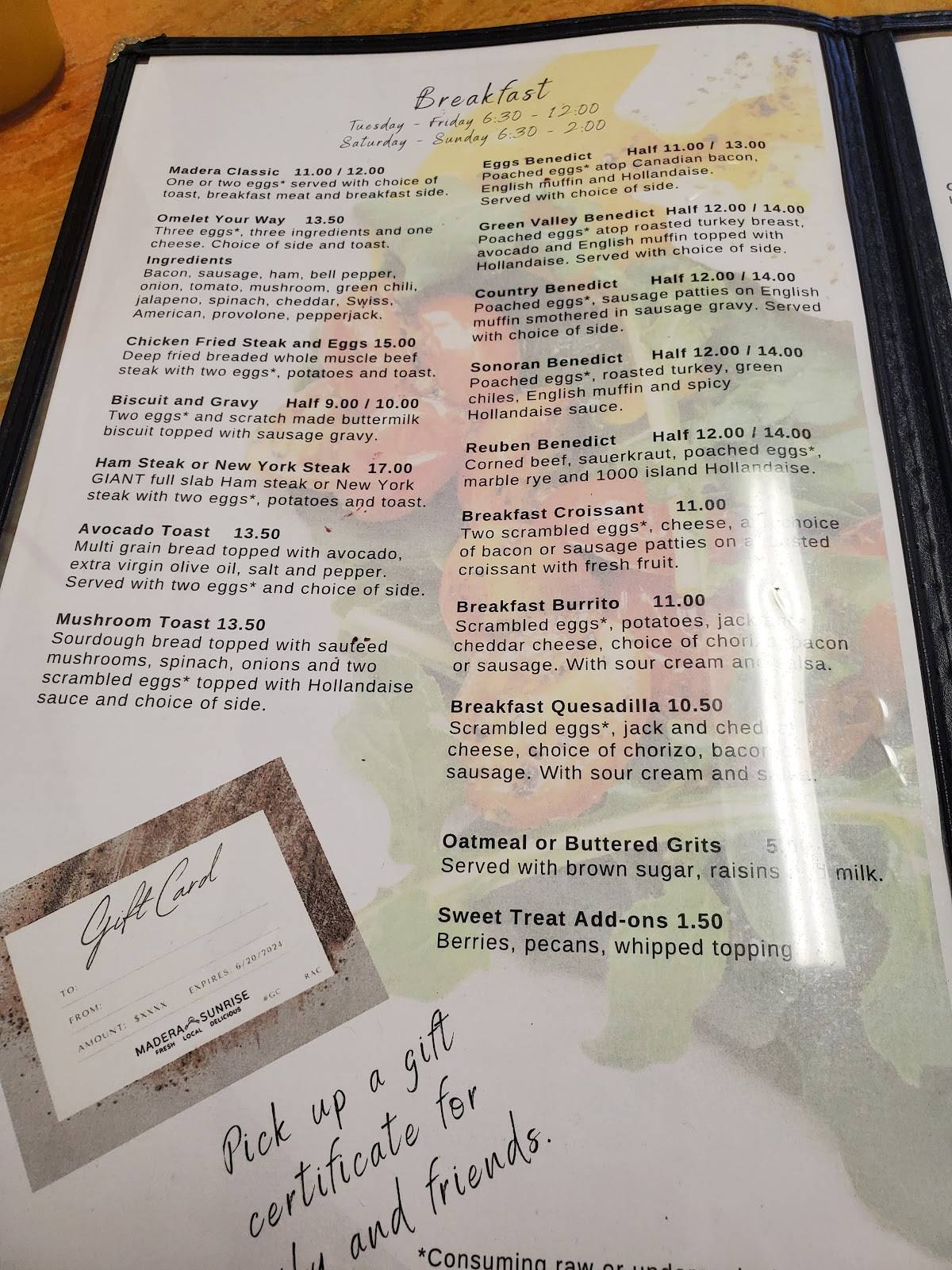 Menu at Madera Sunrise restaurant, Green Valley