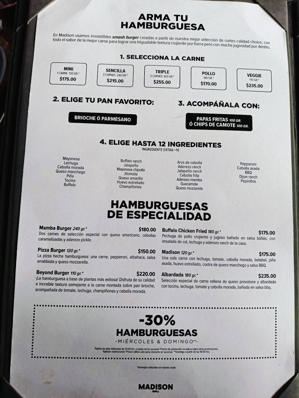 Carta del restaurante Madison Grill Xalapa, Xalapa Enríquez