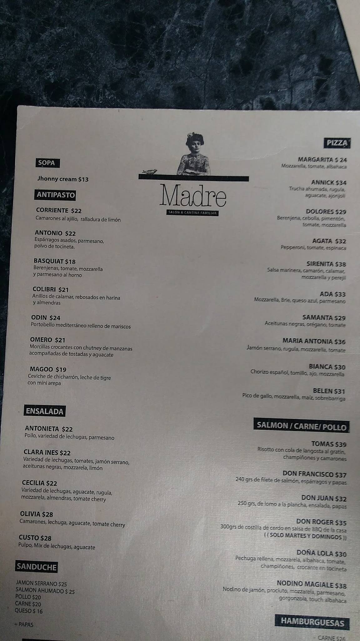Carta de Restaurante Madre, Bogotá