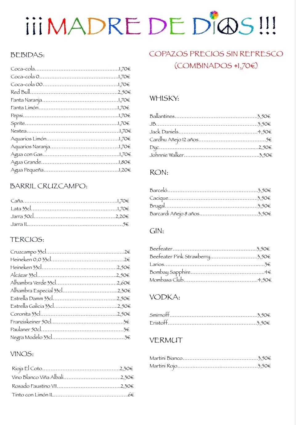 Carta del restaurante Madre del Dios Teatinos, Málaga