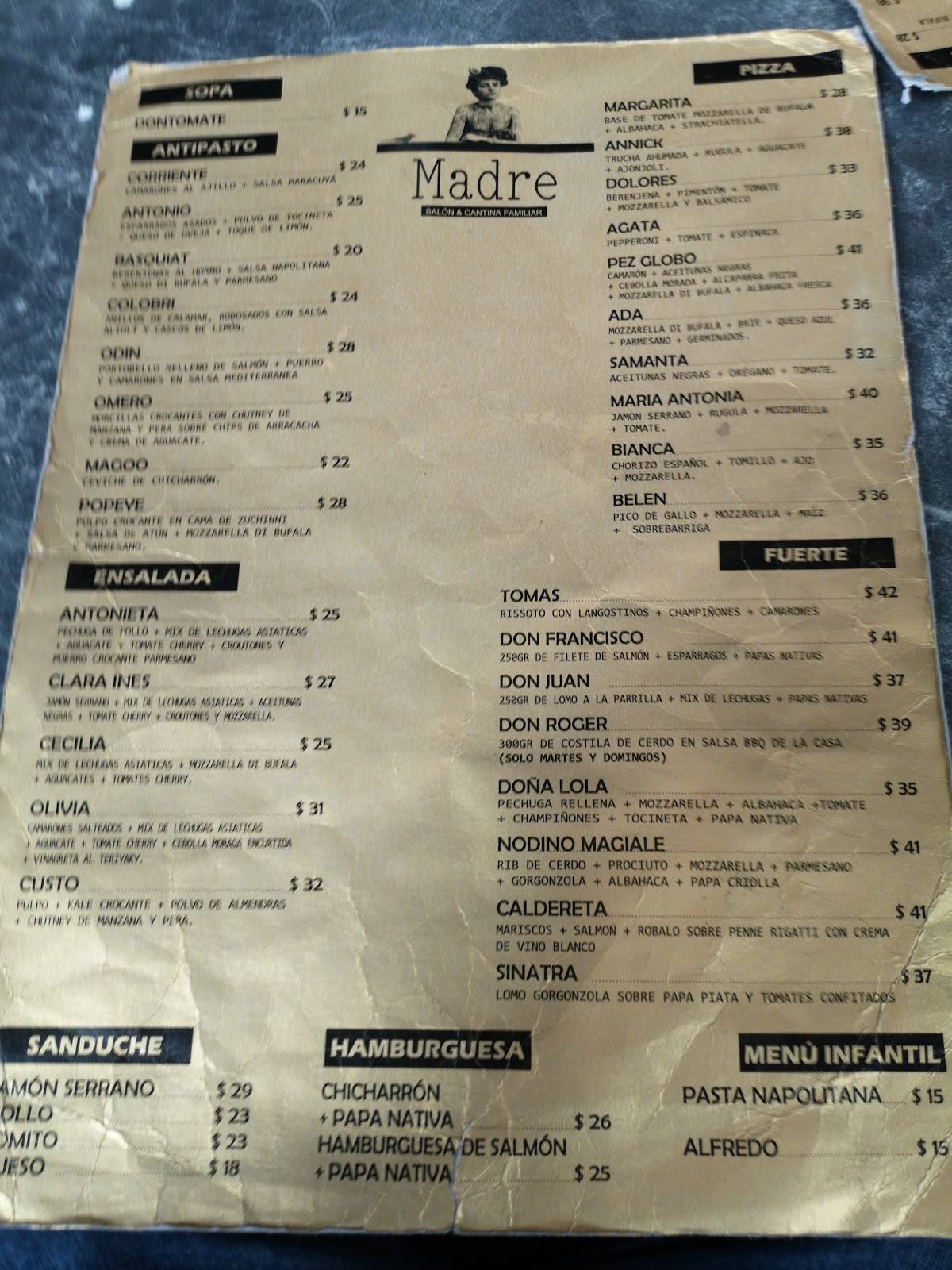 Carta de Restaurante Madre, Bogotá