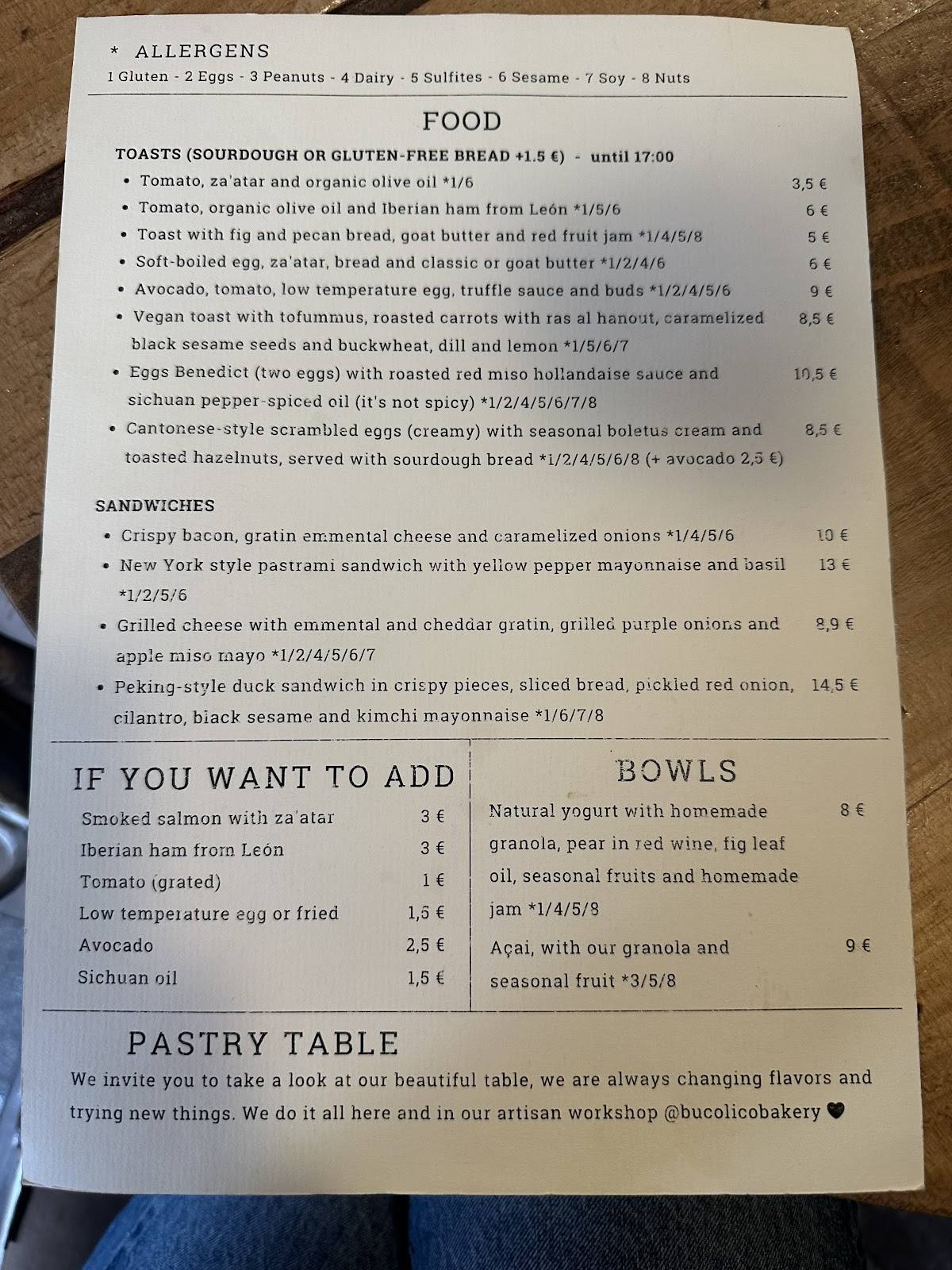 Carta de Bucólico Café, Madrid
