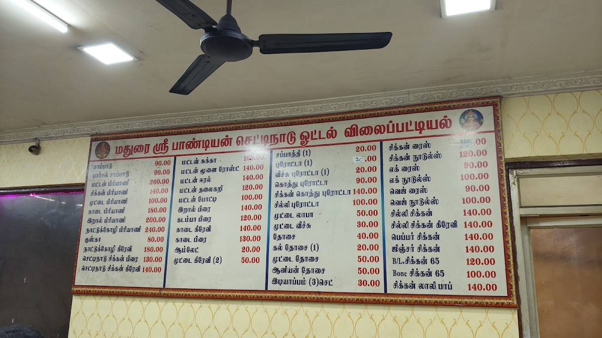 Menu at Madurai Shri Pandian hotel, Chennai