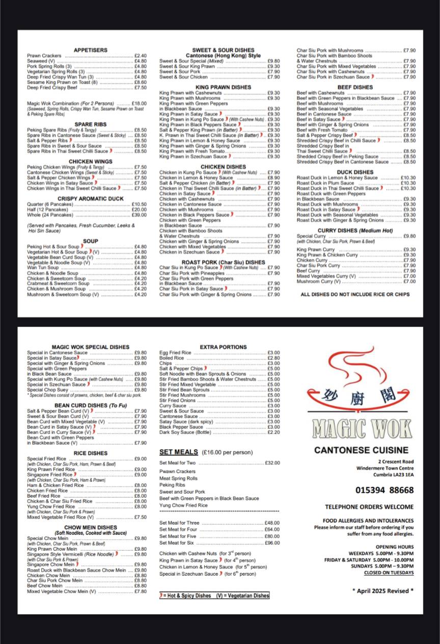 Menu at Magic Wok restaurant, Windermere