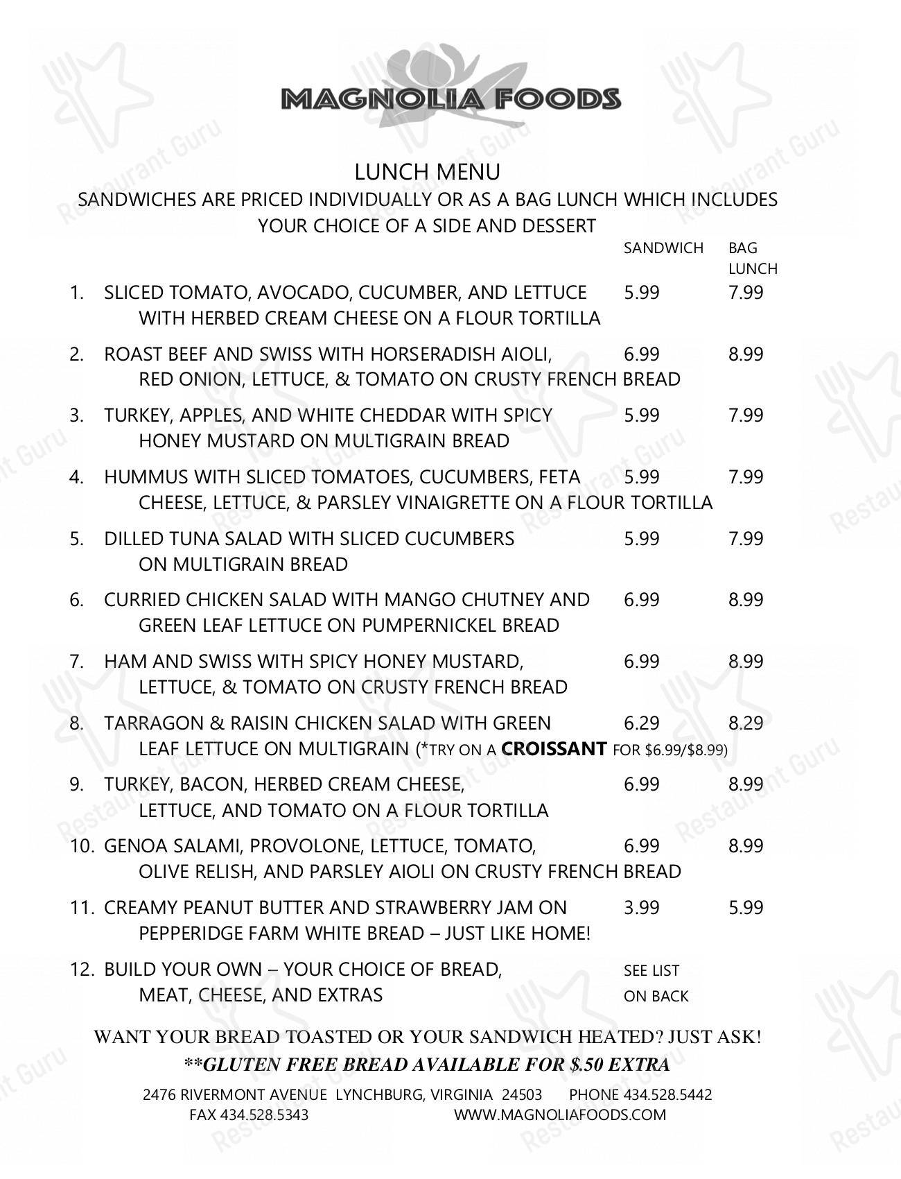 Menu at Magnolia Foods cafe, Lynchburg