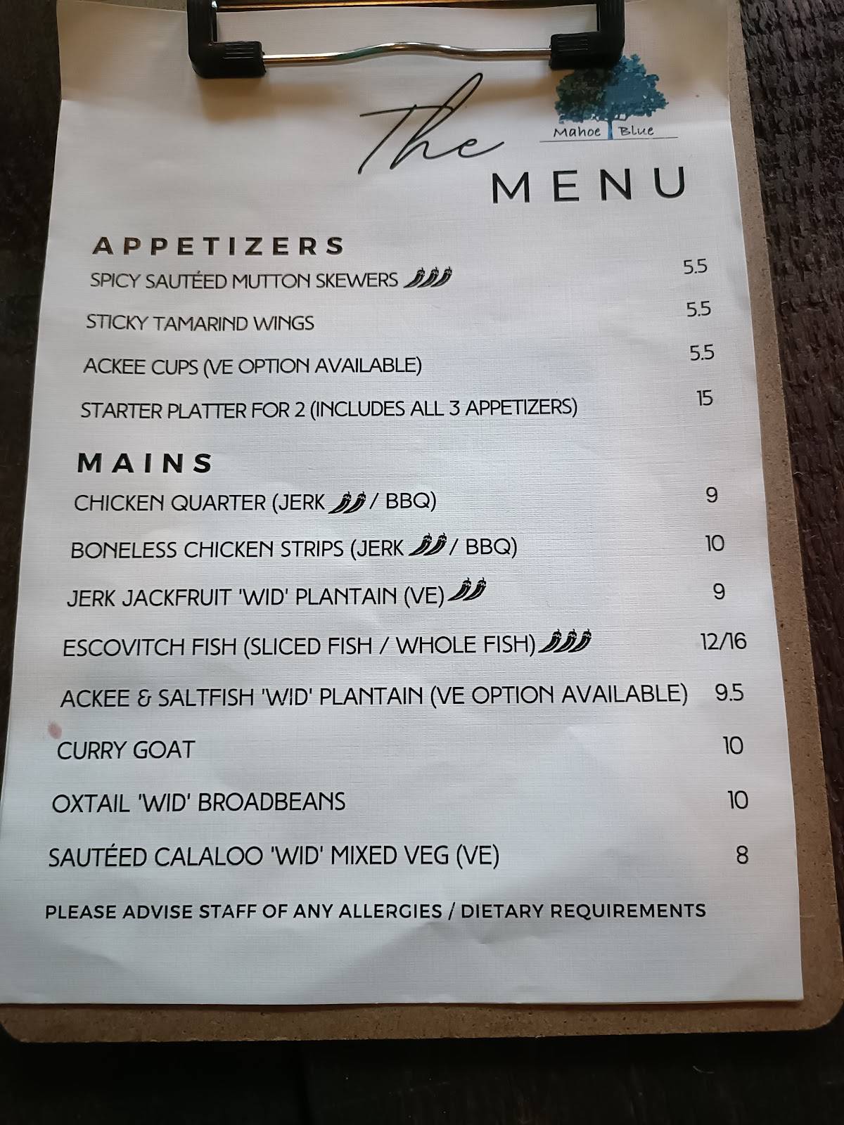 Menu at Mahoe Blue restaurant, Liverpool