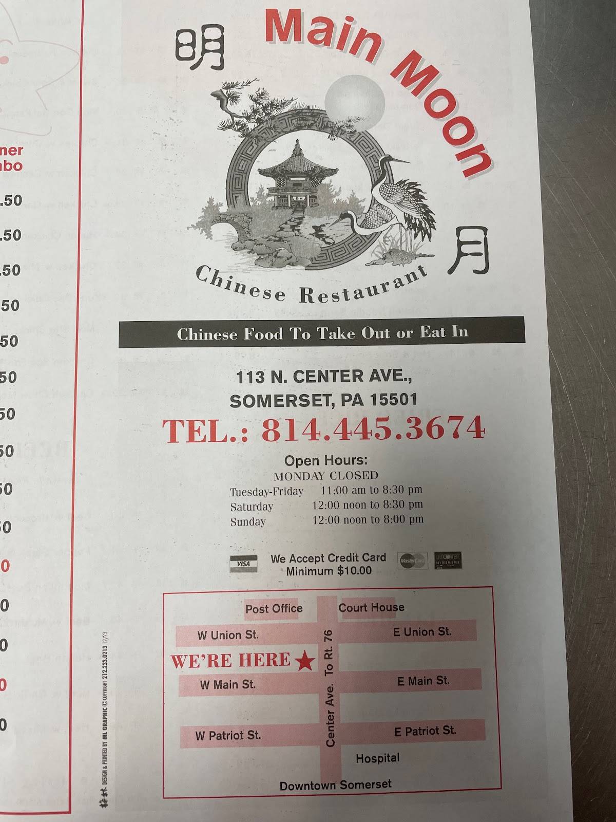 Menu at Main Moon Somerset Chinese Restaurant, Somerset