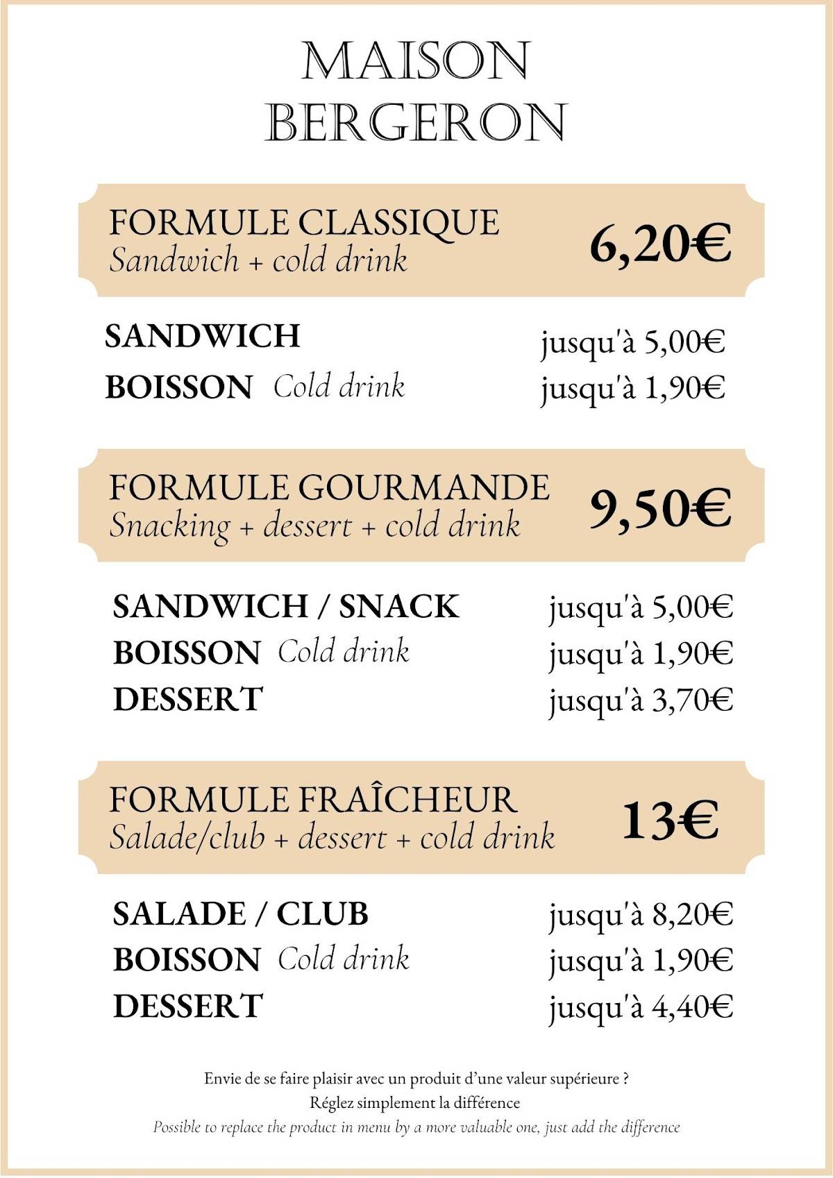 Menu at Maison Bergeron restaurant, Paris