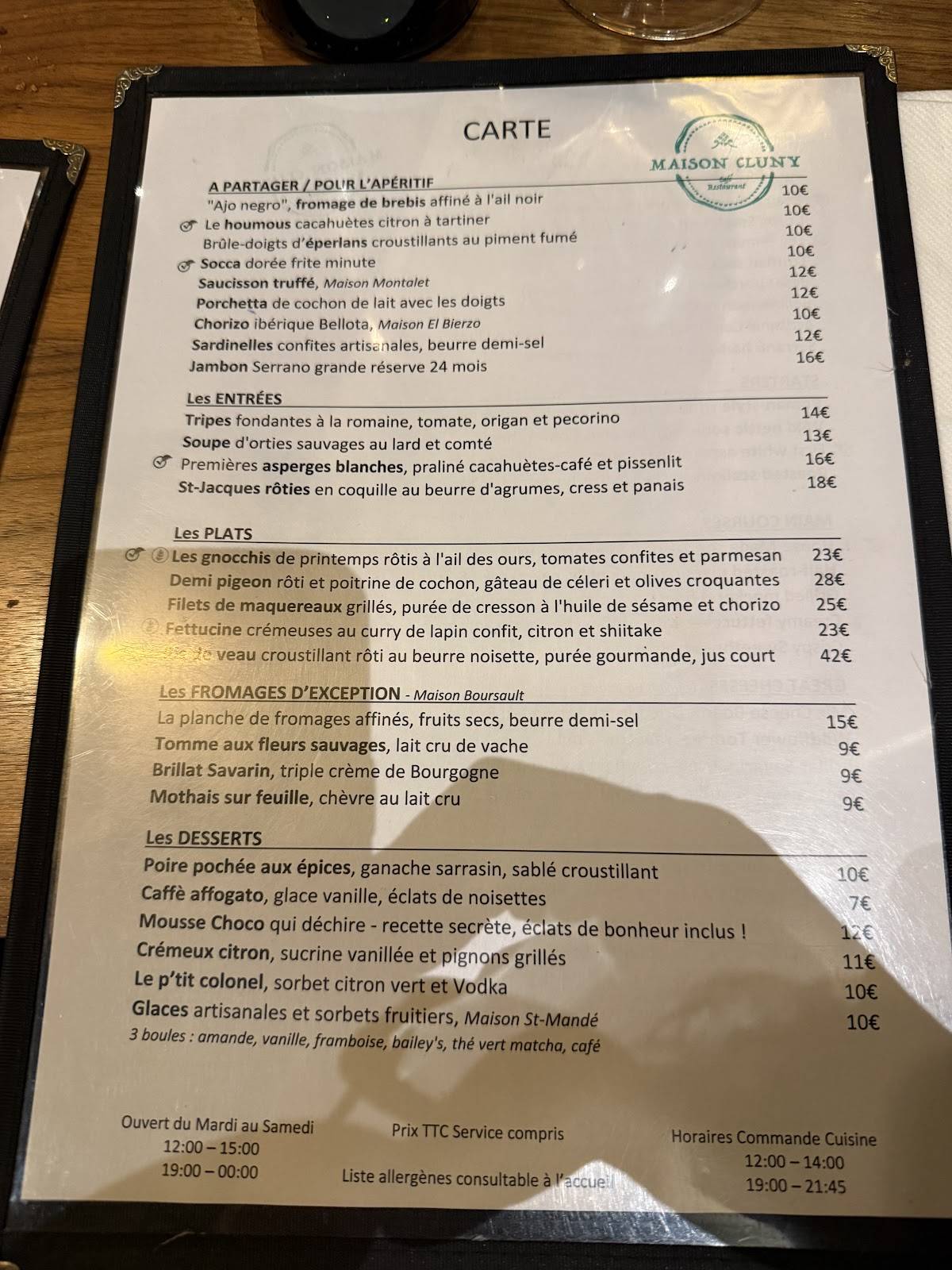 Menu au Maison Cluny restaurant, Paris
