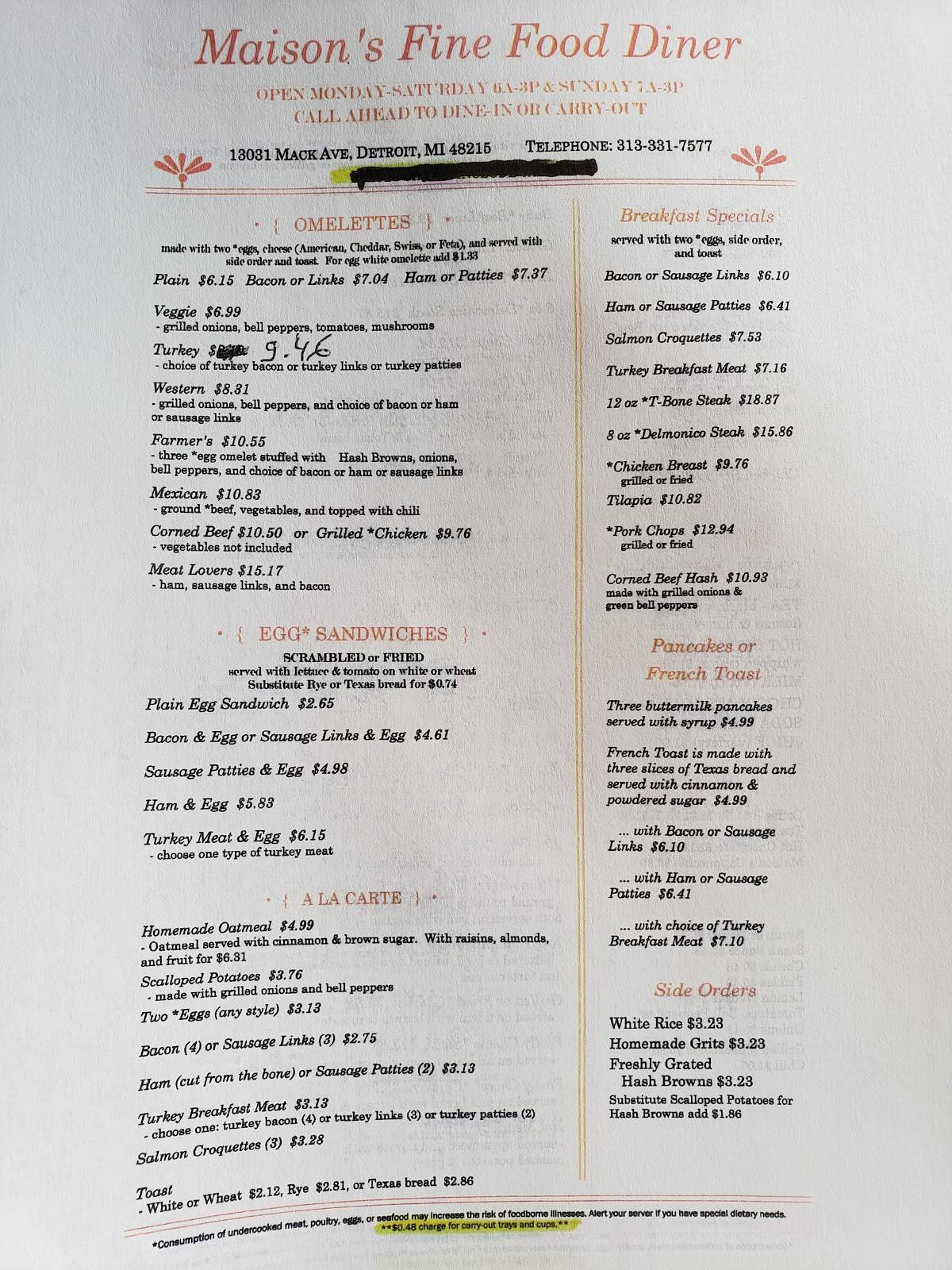 Menu at Maison's Fine Food restaurant, Detroit