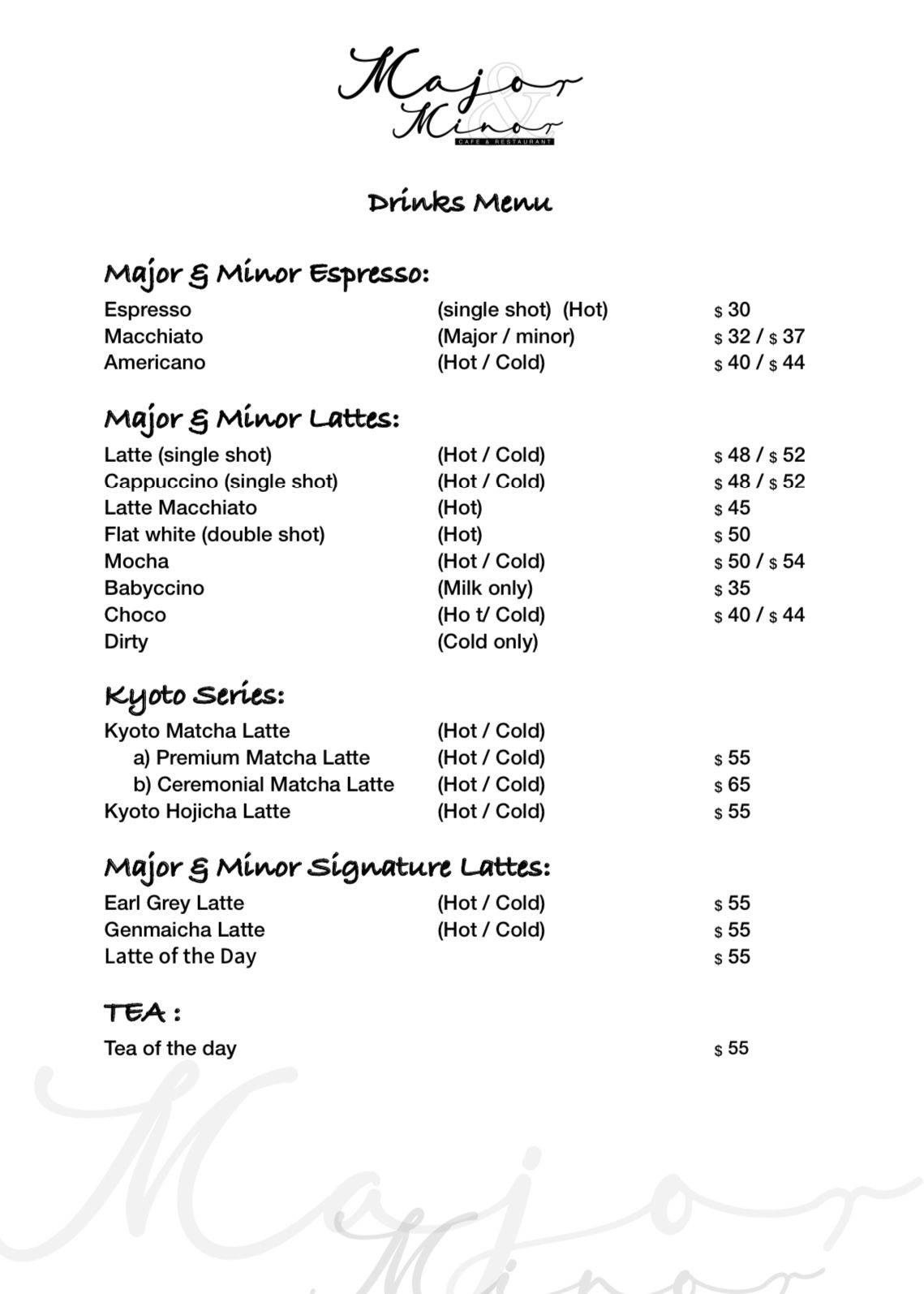 Menu at Major and Minor Cafe, Hong Kong