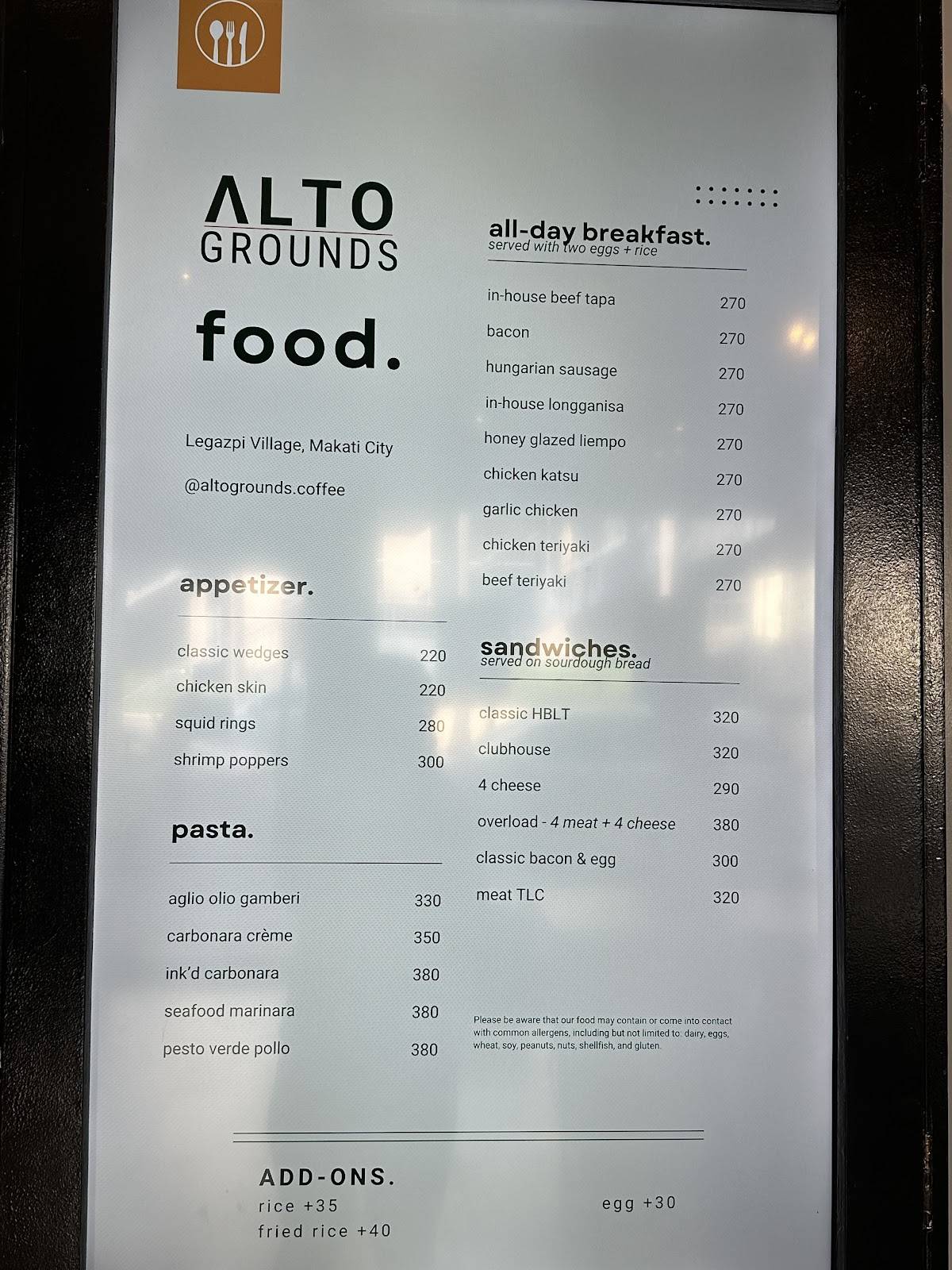 Menu at ALTO GROUNDS restaurant, Makati