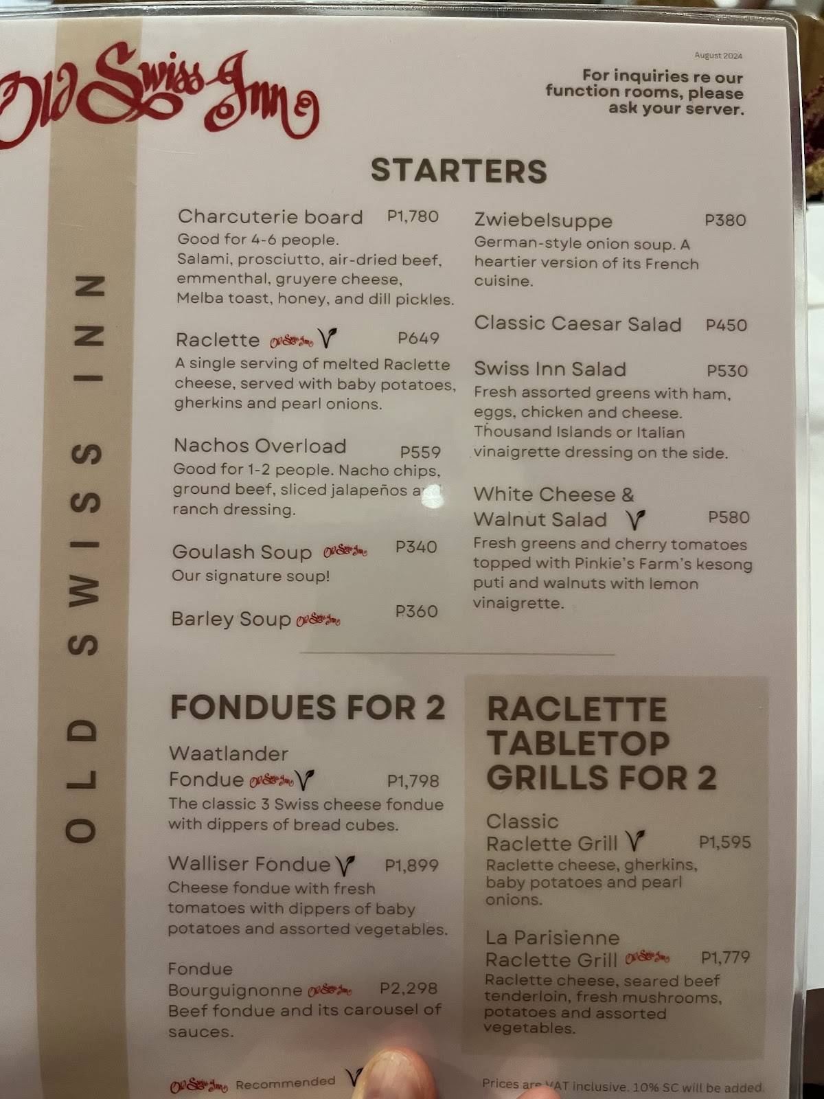 Menu at Old Swiss Inn Restaurant, Makati, Ground Level