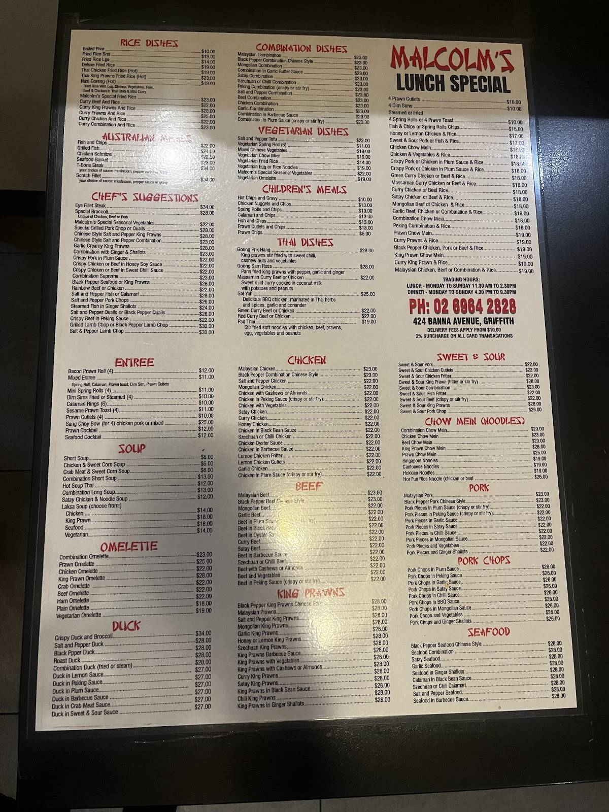 Menu at Malcolm's Chinese Restaurant, Griffith