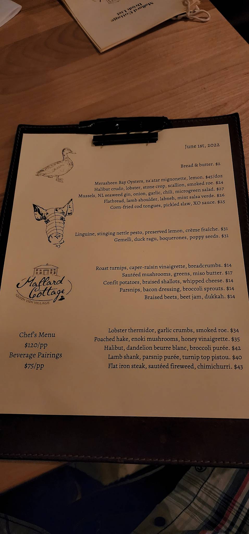 Menu at Mallard Cottage restaurant, St. John's